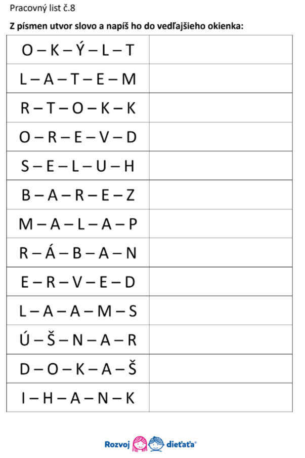 PDF - Usporiadaj písmená do slov - Rozvoj dieťaťa